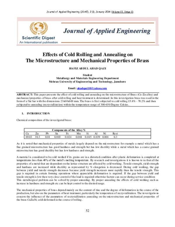 (PDF) Effects of Cold Rolling and Annealing on The Microstructure and Mechanical Properties of Brass
