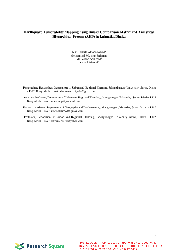 Pdf Earthquake Vulnerability Mapping Using Binary Comparison Matrix
