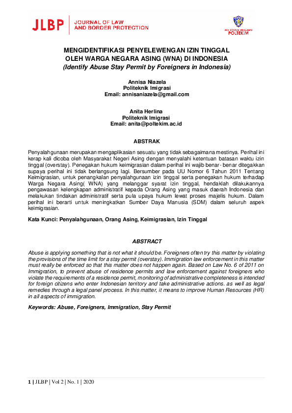 (PDF) Identify Abuse Stay Permit by Foreigners in Indonesia