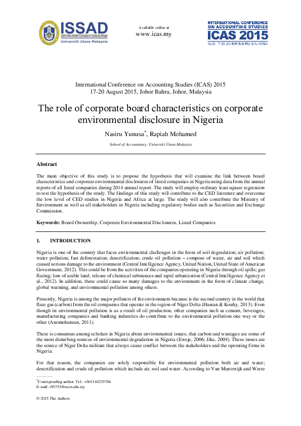 (PDF) The role of corporate board characteristics on corporate environmental disclosure in Nigeria
