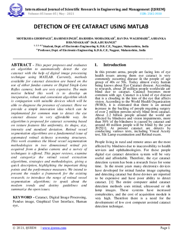 Pdf Detection Of Eye Cataract Using Matlab