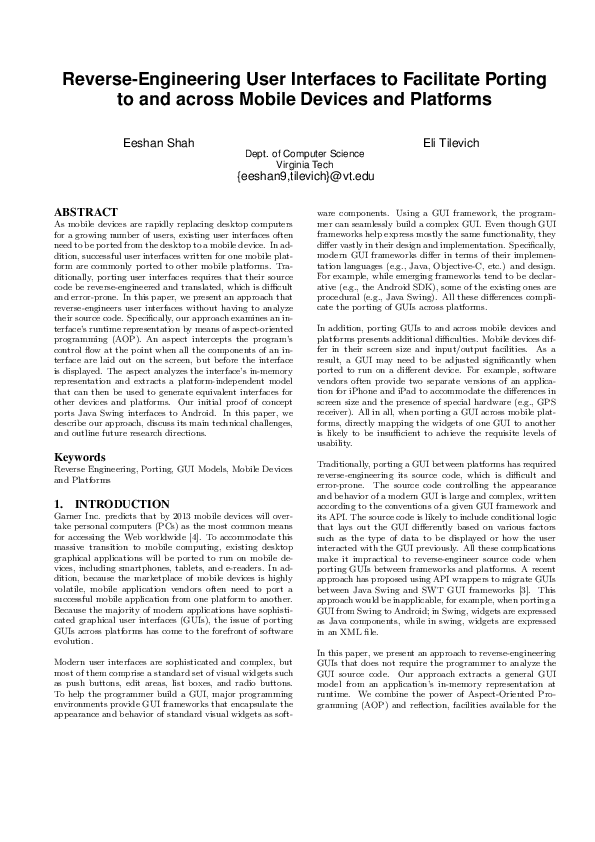 (PDF) Reverse-engineering user interfaces to facilitateporting to and across mobile devices and ...