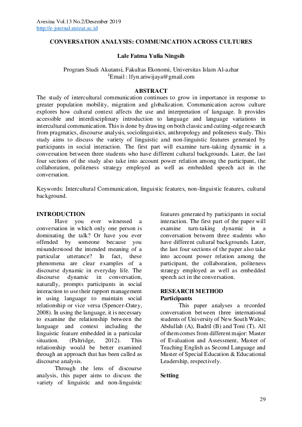 (PDF) Conversation Analysis: Communication Across Cultures