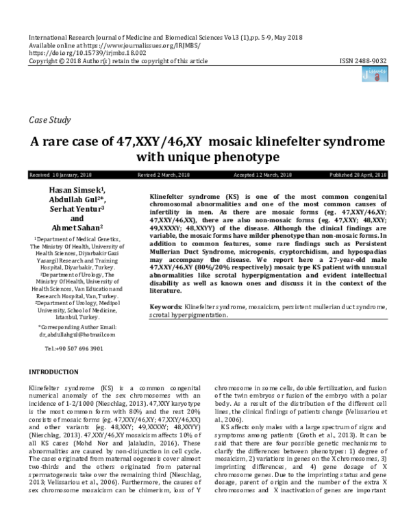 (PDF) A rare case of 47 , XXY / 46 , XY mosaic klinefelter syndrome ...