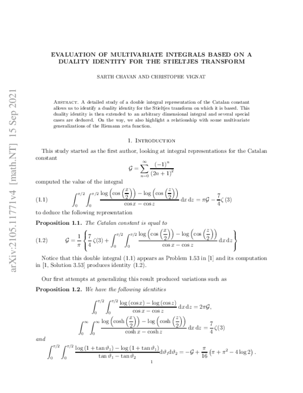 (PDF) Evaluation of Multivariate Integrals based on a Duality Identity for the Stieltjes Transform