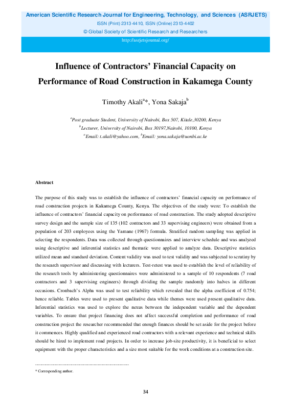 (PDF) Influence of Contractors’ Financial Capacity on Performance of ...