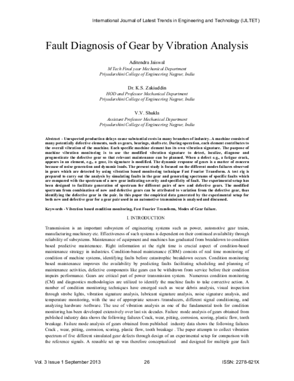 (PDF) Fault Diagnosis of Gear by Vibration Analysis