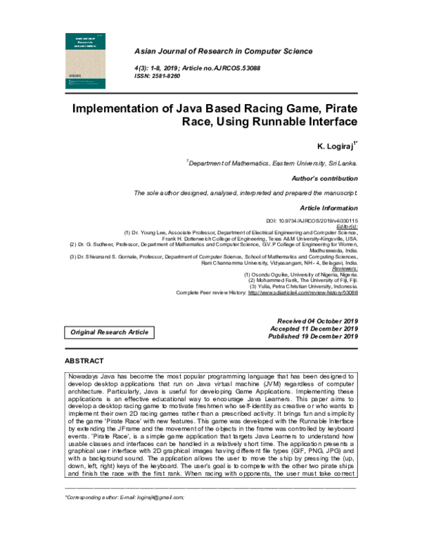 (PDF) Implementation of Java Based Racing Game, Pirate Race, Using ...