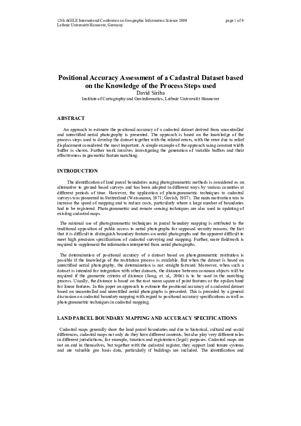 (PDF) Positional Accuracy Assessment of a Cadastral Dataset based on the Knowledge of the ...