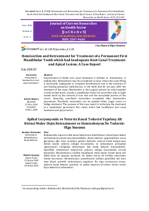 (PDF) Hemisection and Retreatment for Treatment of a Permanent First ...