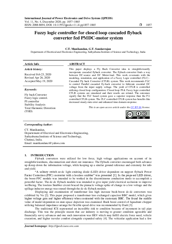 Pdf Fuzzy Logic Controller For Closed Loop Cascaded Flyback Converter Fed Pmdc Motor System