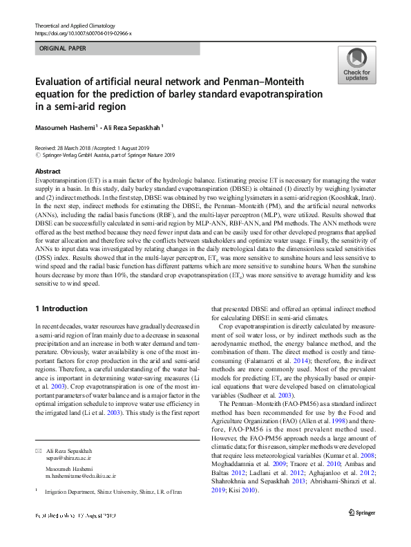 (PDF) Evaluation of artificial neural network and Penman–Monteith equation for the prediction of ...