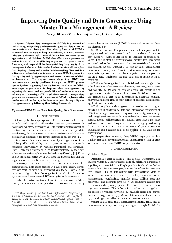 (PDF) Improving Data Quality and Data Governance Using Master Data ...