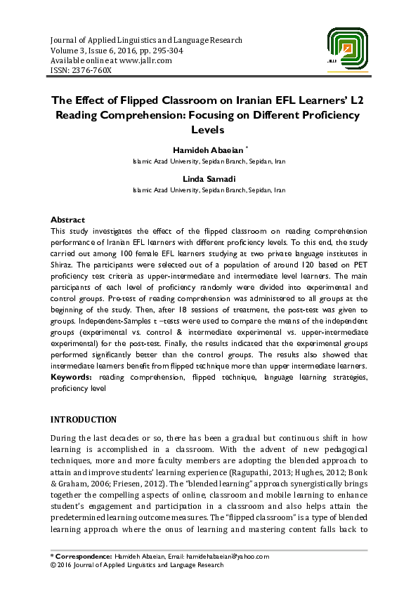 Pdf The Effect Of Flipped Classroom On Iranian Efl Learners L2 Reading Comprehension