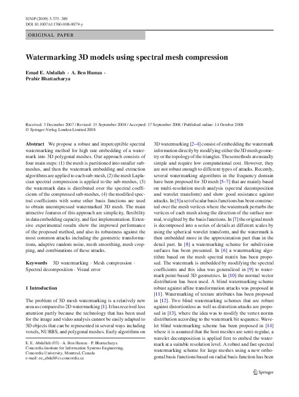 (PDF) Watermarking 3D models using spectral mesh compression