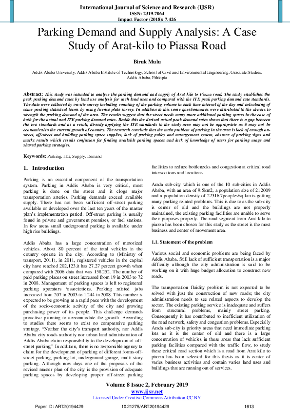 (PDF) Parking Demand and Supply Analysis : A Case Study of Arat-kilo to ...