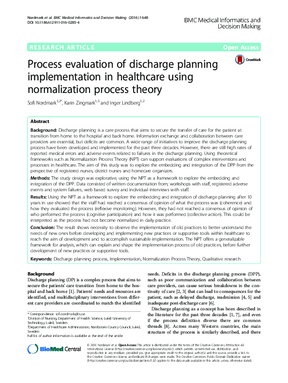 (PDF) Process evaluation of discharge planning implementation in ...