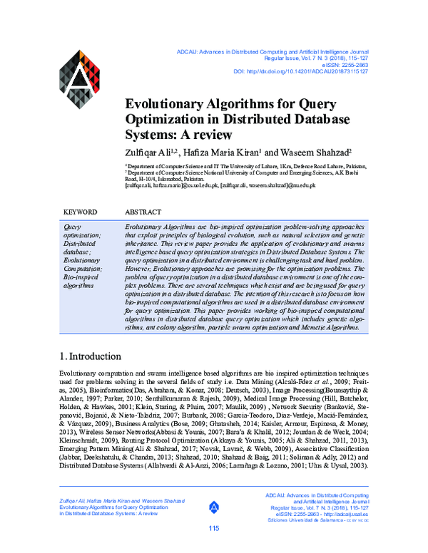 Pdf Evolutionary Algorithms For Query Op Timization In Distributed Database Sys Tems A Review