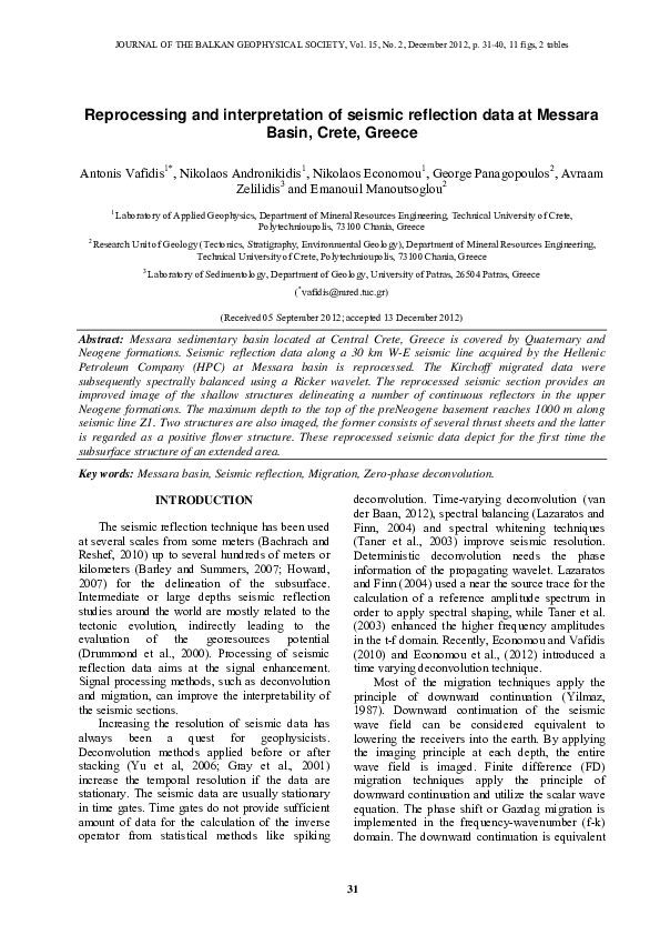 Pdf Reprocessing And Interpretation Of Seismic Reflection Data At Messara Basin Crete Greece