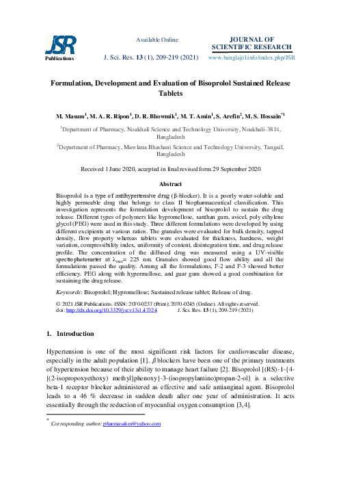(PDF) Formulation, Development and Evaluation of Bisoprolol Sustained Release Tablets