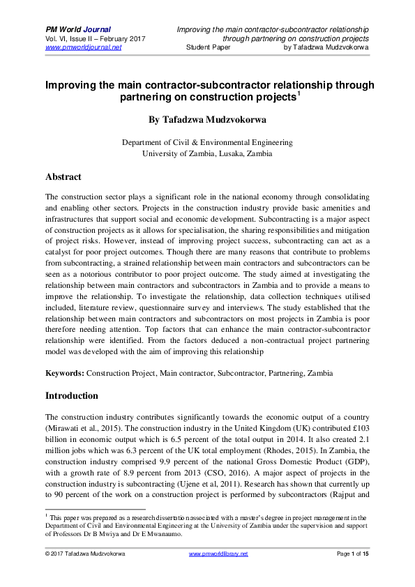 (PDF) Improving the main contractor-subcontractor relationship through ...