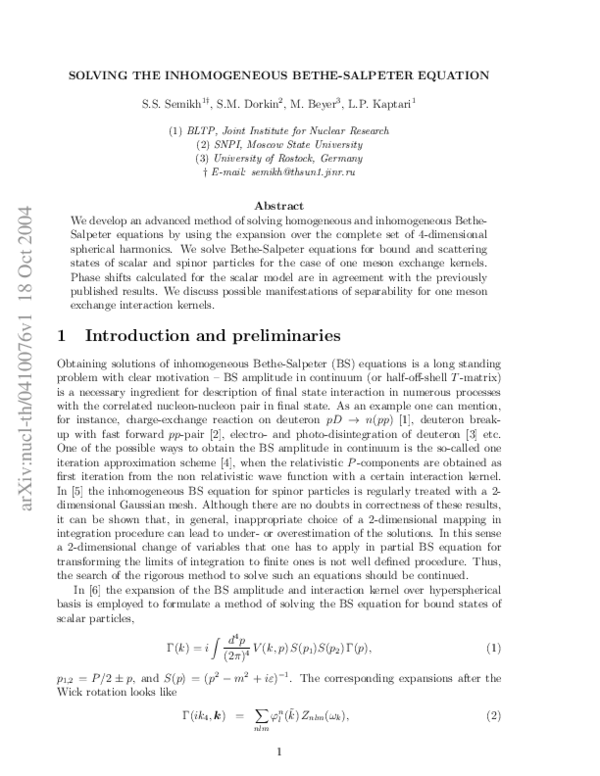 (PDF) On solving nonhomogeneous Bethe-Salpeter equations