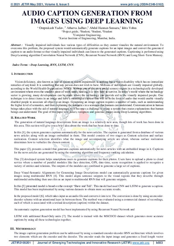 (PDF) Audio Caption Generation from Images Using Deep Learning