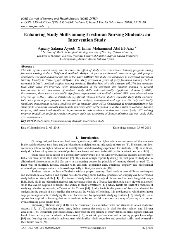 (PDF) Enhancing Study Skills among Freshman Nursing Students: an Intervention Study | Amany ...