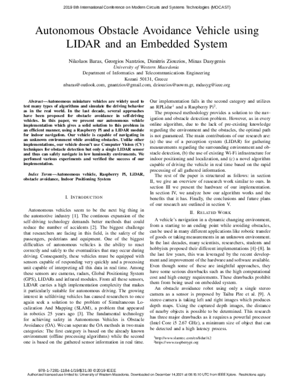 Pdf Autonomous Obstacle Avoidance Vehicle Using Lidar And An Embedded