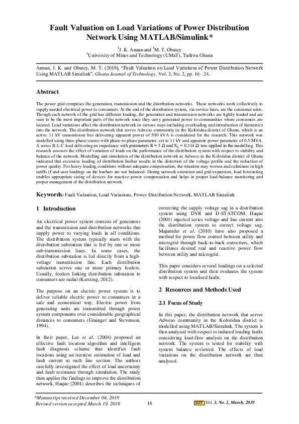 Pdf Fault Valuation On Load Variations Of Power Distribution Network Using Matlab Simulink