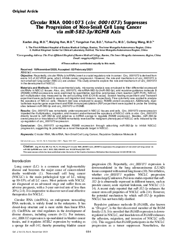 (PDF) Circular RNA_0001073 (circ_0001073) Suppresses The Progression of ...
