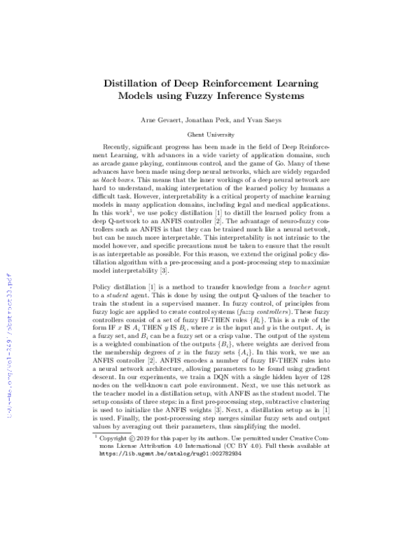 (PDF) Distillation of Deep Reinforcement Learning Models Using Fuzzy Inference Systems