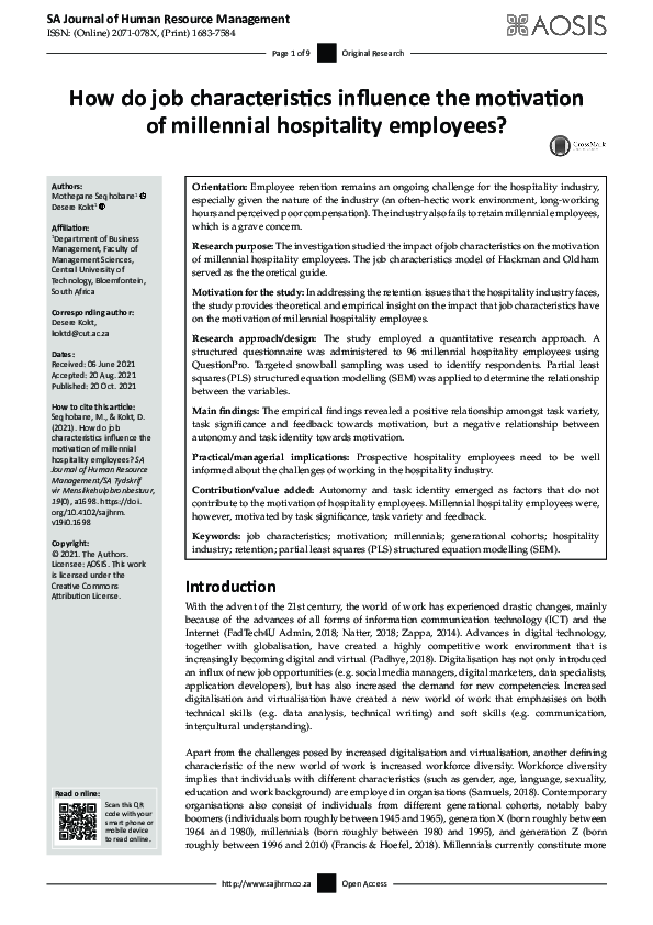 (PDF) How do job characteristics influence the motivation of millennial ...