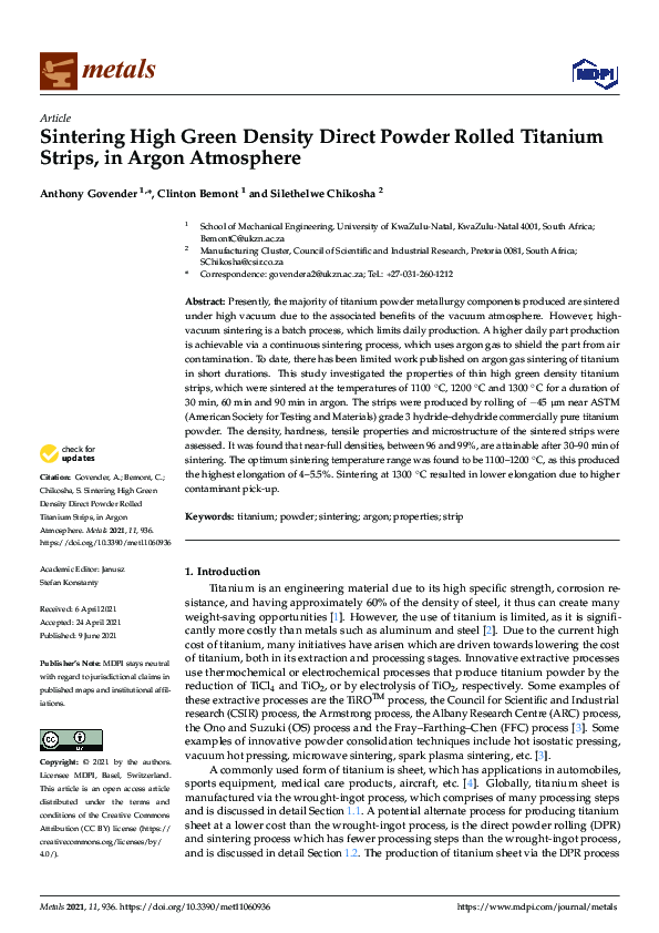(PDF) Sintering High Green Density Direct Powder Rolled Titanium Strips ...