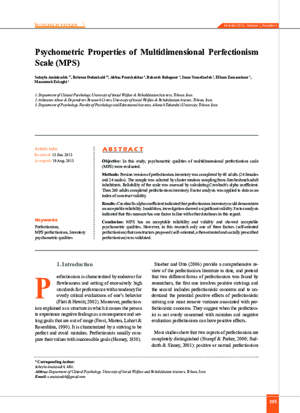 (PDF) Psychometric Properties of Multidimensional Perfectionism Scale (MPS)
