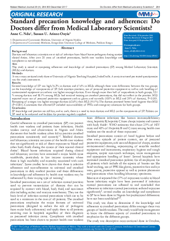 (PDF) Standard precaution knowledge and adherence: Do Doctors differ ...