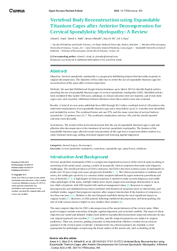 (PDF) Vertebral Body Reconstruction using Expandable Titanium Cages ...