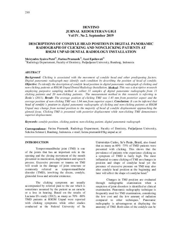 (PDF) Descriptions of Condyle Head Position in Digital Panoramic ...