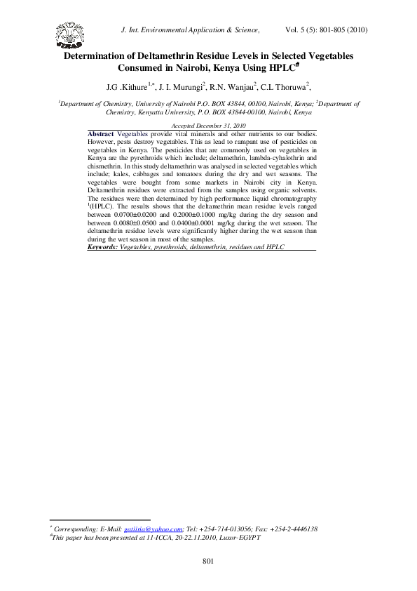 (PDF) Determination of Deltamethrin Residue Levels in Selected Vegetables Consumed in Nairobi ...