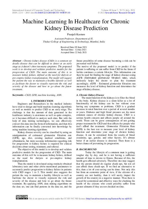 (PDF) Machine Learning In Healthcare for Chronic Kidney Disease Prediction