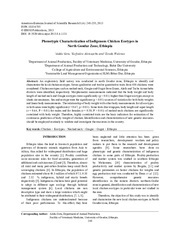 (PDF) Phenotypic characterization of indigenous chicken ecotypes in the eastern Amahara, region ...