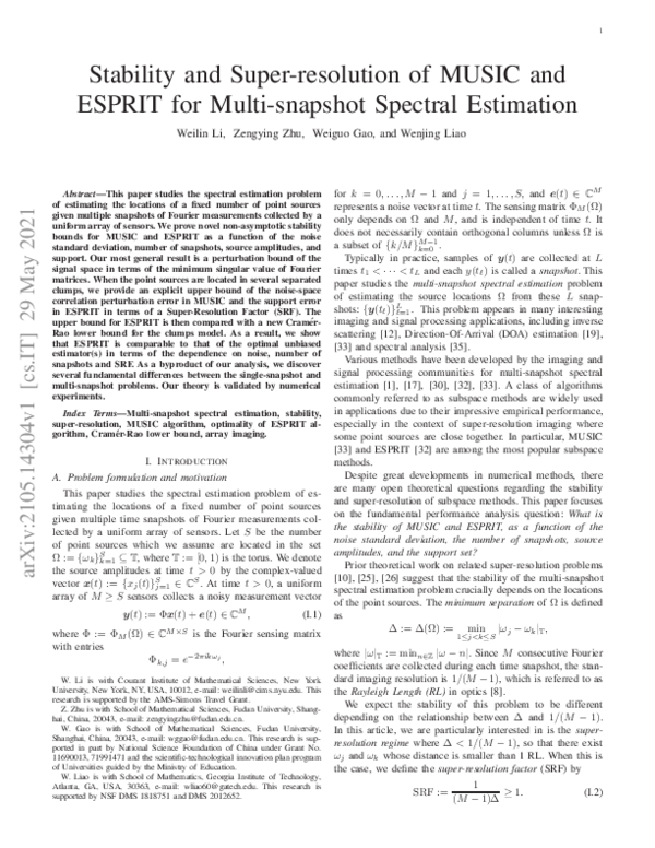 (PDF) Stability and Super-resolution of MUSIC and ESPRIT for Multi-snapshot Spectral Estimation