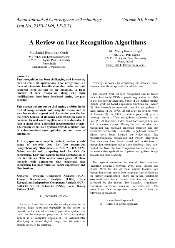 (PDF) A Review on Face Recognition Algorithms