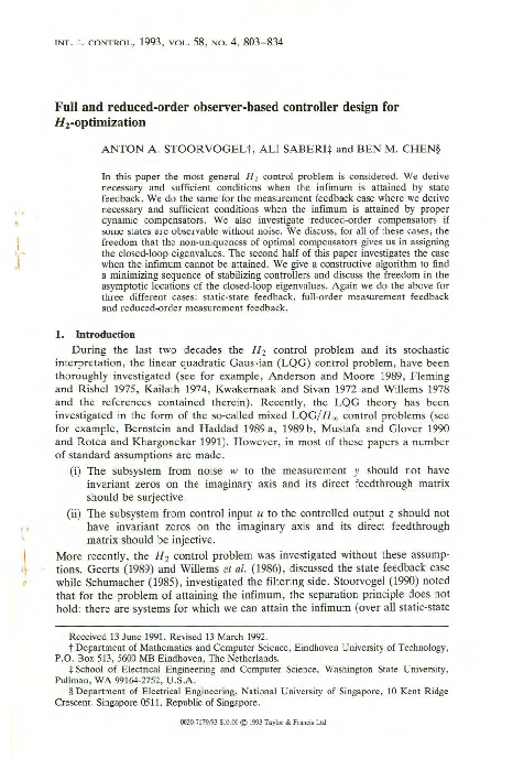 Pdf Full And Reduced Order Observer Based Controller Design For H 2 Optimization