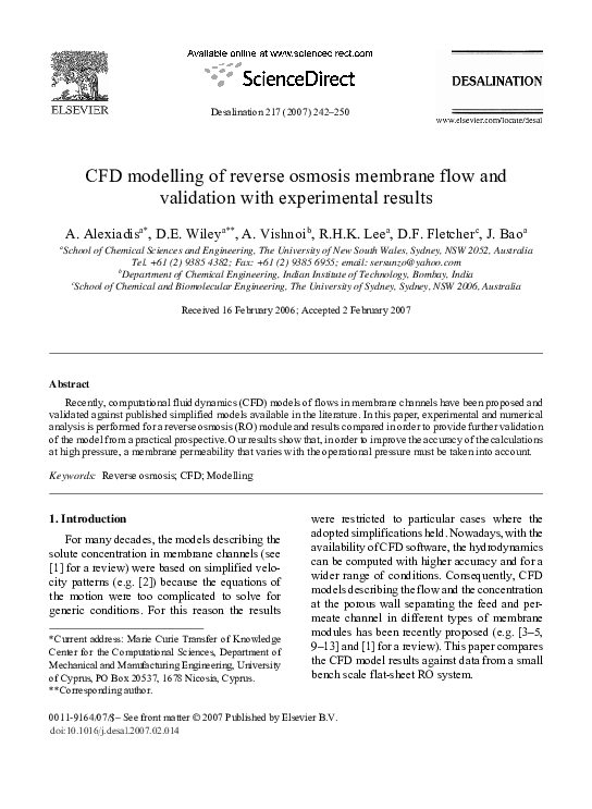 (PDF) CFD modelling of reverse osmosis membrane flow and validation with experimental results