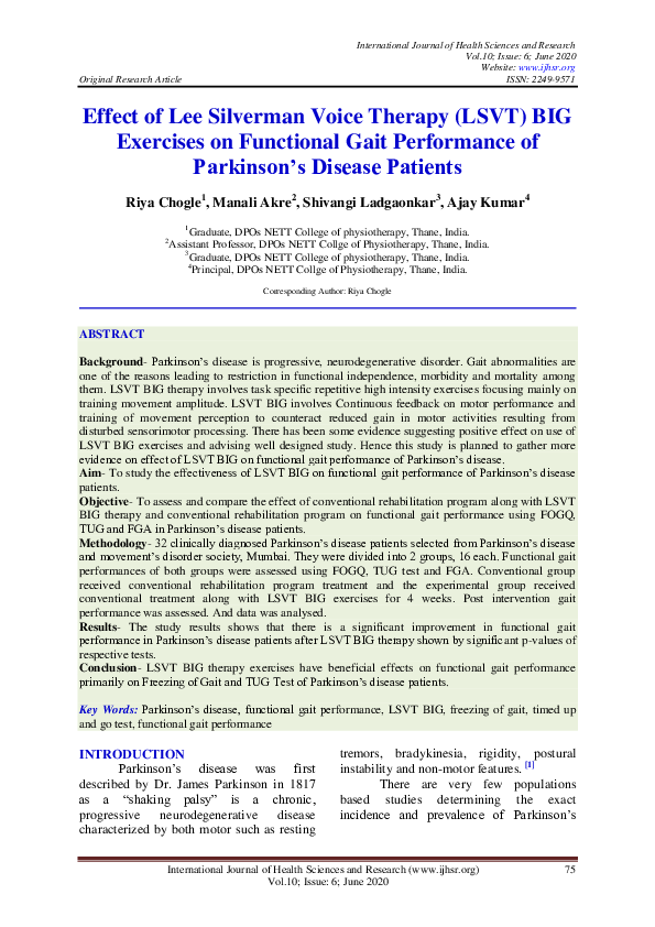 (PDF) Effect of Lee Silverman Voice Therapy (LSVT) BIG Exercises on ...