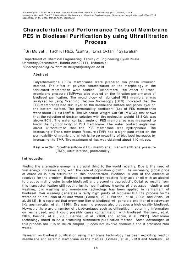 (PDF) Characteristic and Performance Tests of Membrane PES in Biodiesel ...