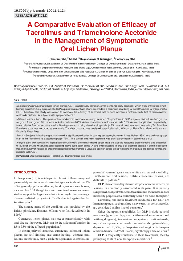 (PDF) A Comparative Evaluation of Efficacy of Tacrolimus and Triamcinolone Acetonide in the ...