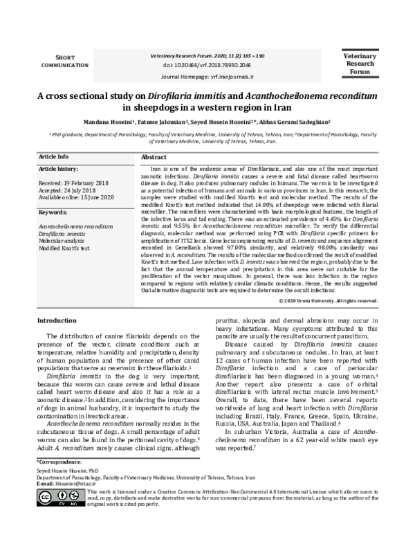 (PDF) A cross sectional study on Dirofilaria immitis and ...