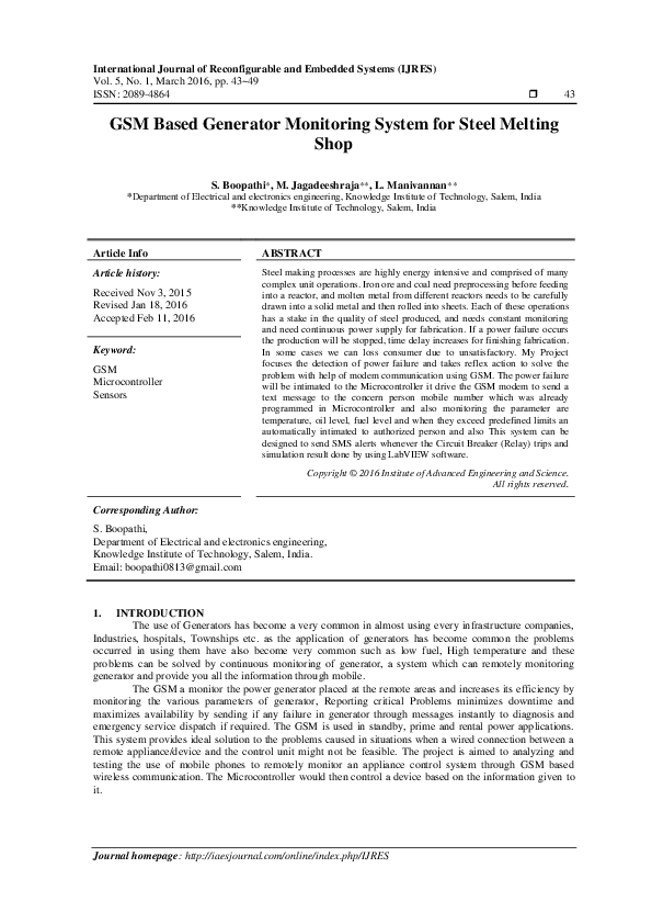(PDF) GSM Based Generator Monitoring System for Steel Melting Shop